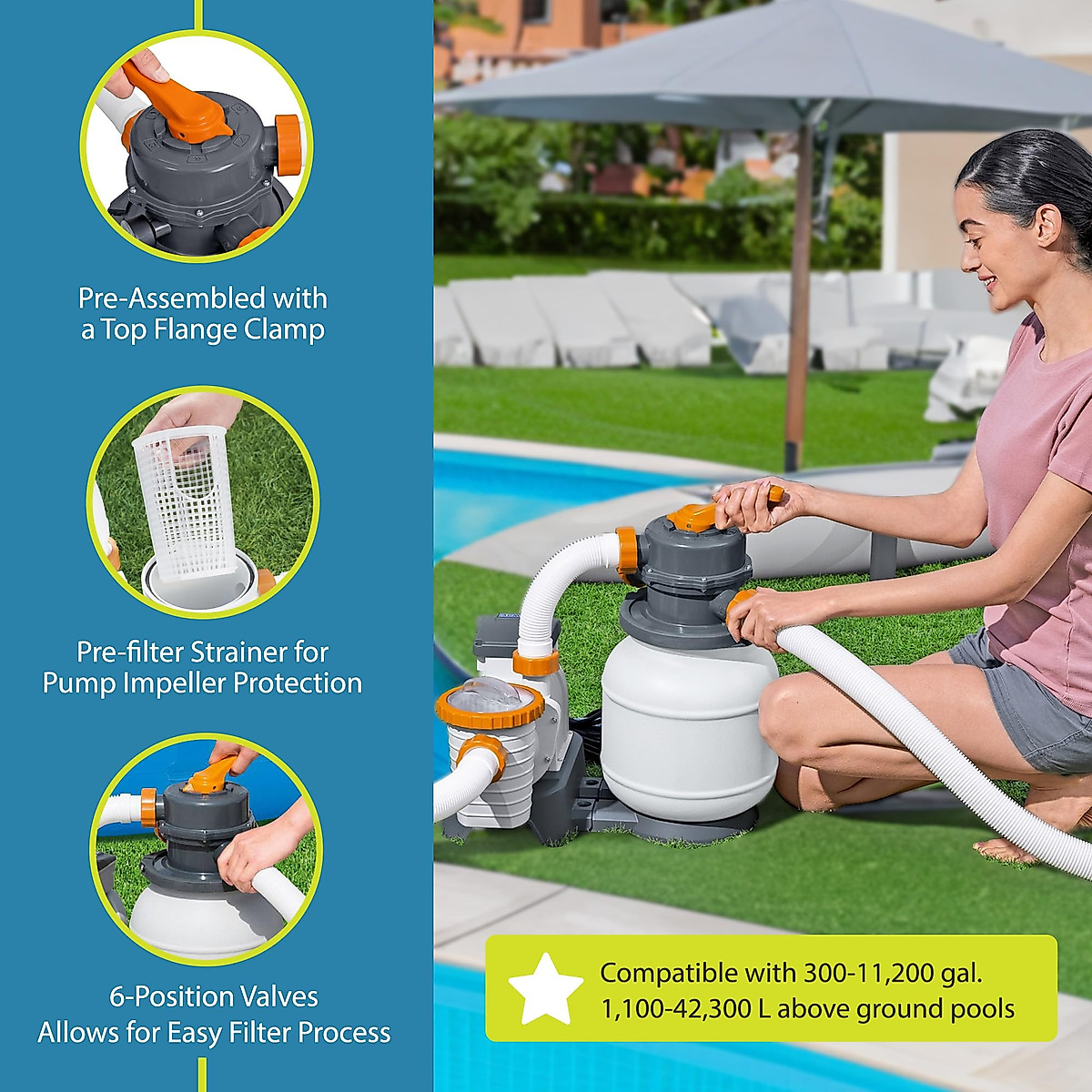 Bestway 58498E Flowclear 1500 Gallon Sand Filter Pool Pump for Above Ground 300 to 11,200 Gallon Swimming Pools with Adapter (Sand is Sold Separately)