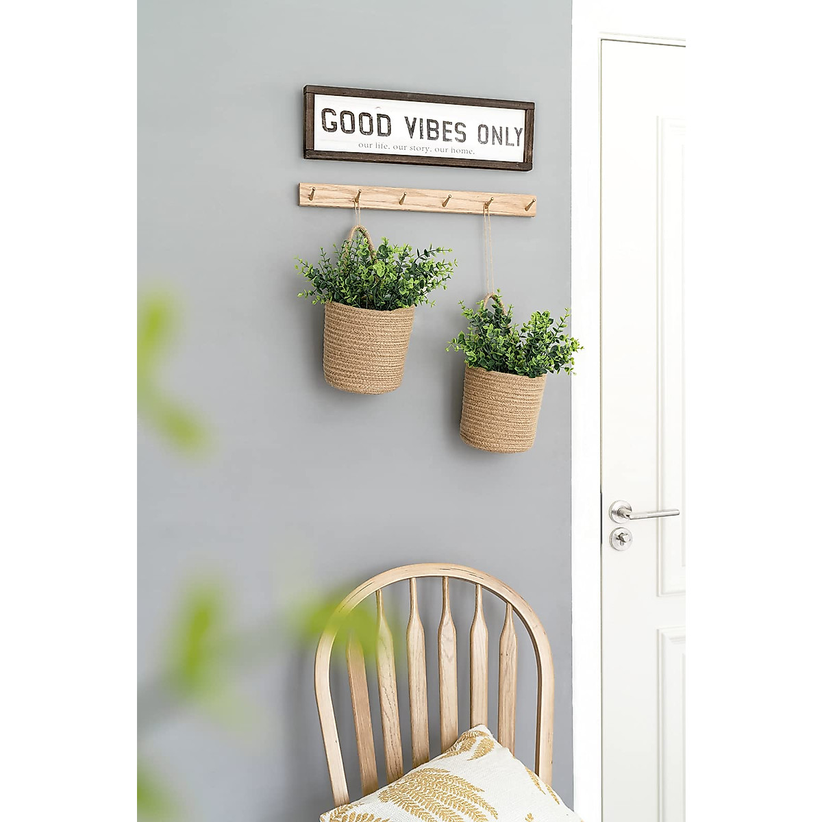 Dahey 2 Pack Wall Hanging Rope Basket with Artificial Eucalyptus Farmhouse Decor, Jute Woven Storage Organizer Flower Plants Basket Set Rustic Wall Decor for Porch Living Room Bedroom Entryway,Brown