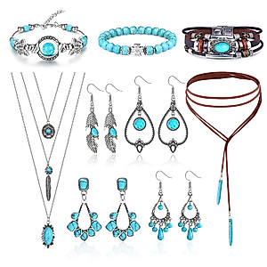 Subiceto Western Jewelry for Women Bohemian Turquoise Boho Turquoise Pendant Long Choker Vintage Turquoise Dangle Earrings Turquoise Faux Leather Layered Bracelets Western Jewelry Set