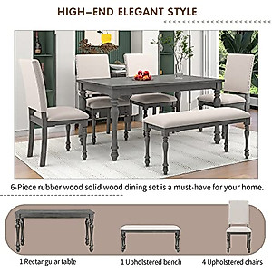 ODC Elegant 6 Piece Dining Table & Chairs Set Rectangular Table with Turned Legs, 4 Upholstered Chairs and Bench for Home Living Room, Gray