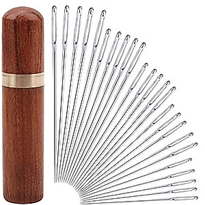 25Pieces Hand Sewing Big Eye Needles Sharp Needle，with Solid Wood Needle Case for