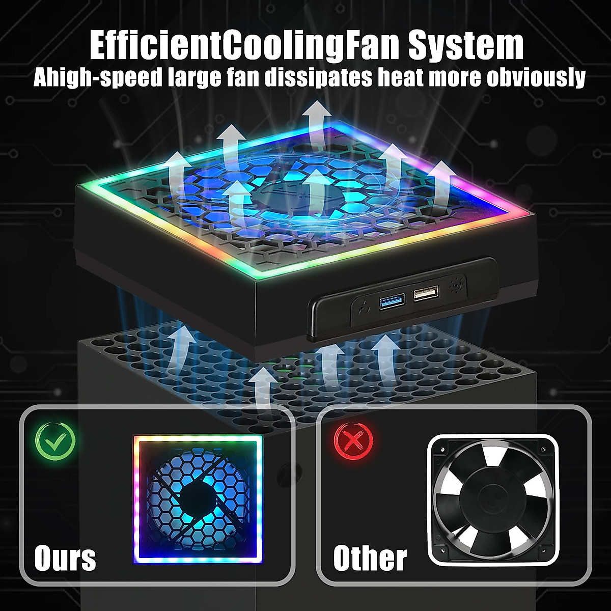 Raryars Cooling Fan for Xbox Series X with RGB and Upgraded 5 Inches Big Fan Low Noise Top Fan Adjustable Speed Cooler Fan System Extra 2 USB Port & Touch Switch