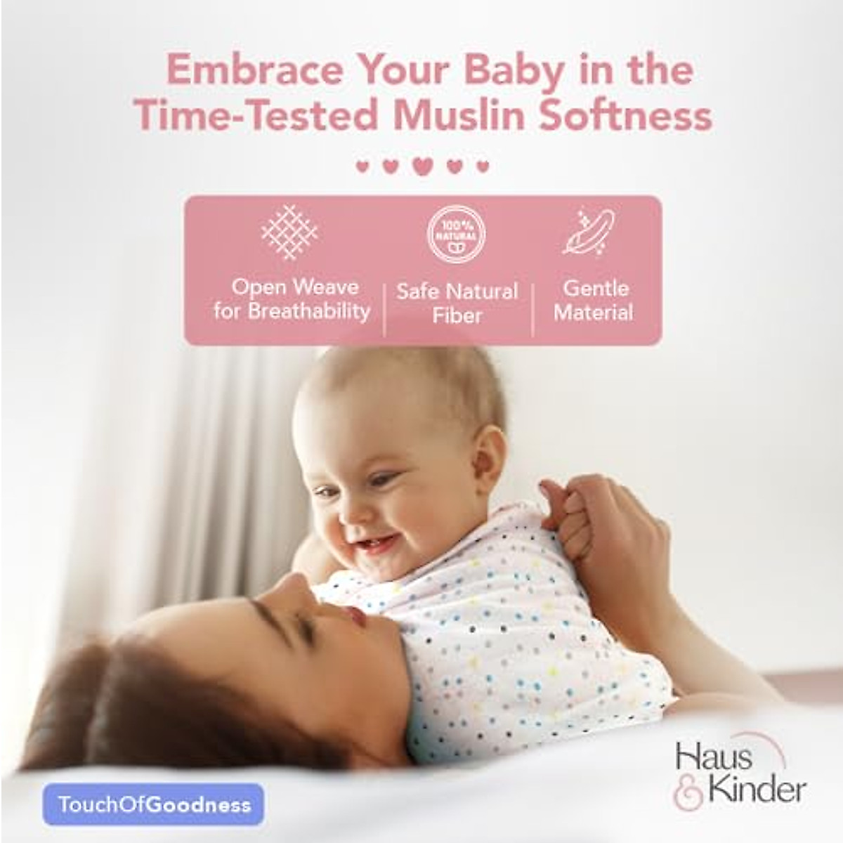 haus & kinder Muslin Swaddles for Newborns, Pack of 5 Super Soft & Skin-Safe Cotton Baby Swaddle Blanket, Receiving Blankets for Boys & Girls (Pink Edition)