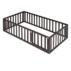 LZ LEISURE ZONE Twin Size Platform Bed with Fence, Solid Wood Floor Bed Frame with Door, Twin Size Daybed Fram, Espresso