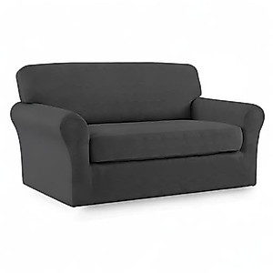 Easy-Going 2 Pieces Microfiber Stretch Sofa Slipcover – Spandex Soft Fitted Sofa Couch Cover, Washable Furniture Protector with Elastic Bottom Kids, Pet (Loveseat, Dark Gray