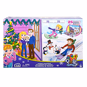Polly Pocket Advent Calendar with Winter Family Fun Theme & 25 Days of Surprises (34 Total Play Pieces) to Discover: Pocket Family Dolls, Snow Play Vehicles, Toy Treats, Wearable Jewelry & More
