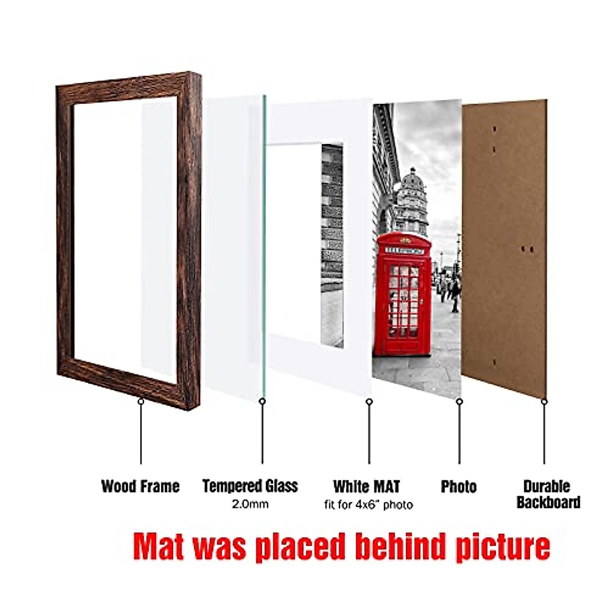 BAIJIALI 5x7 Picture Frame Distressed Farmhouse Wood Pattern Set of 4 with Tempered Glass,Display 4x6 Photos with Mat or 5x7 Without Mat, Horizontal and Vertical Formats for Wall and Table Mounting,Multicolour