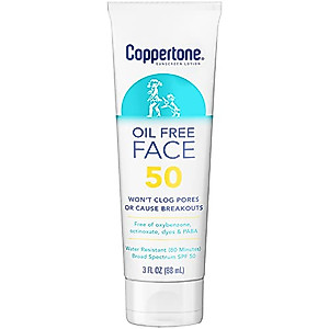 Coppertone Face Sunscreen SPF 50, Oil Free Sunscreen for Face, Water Resistant SPF 50 Sunscreen Face Lotion, Travel Size Sunscreen, 3 Fl Oz Tube