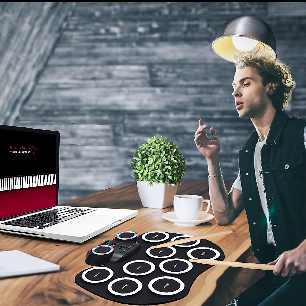 Costzon 9 Pads Electronic Drum Set with LED Light, Portable Roll up MIDI Drum Practice Pad w/Bluetooth, 7 Tones & Rhythms, 10 Demos, Foot Pedals, 2 Built-in Speakers, for Beginners Kids (Black)