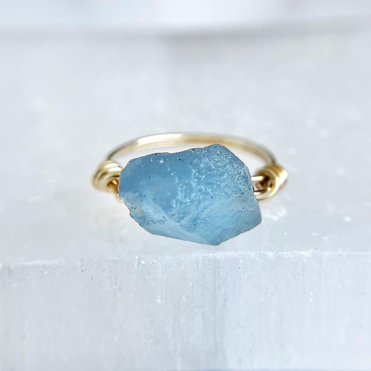 Raw Aquamarine Gemstone Ring, Irregular Shaped Stone Ring, Sterling Silver 14K Gold-Filled 14K Rose Gold-Filled Band, Wire Wrapped Band, March Birthstone, Custom Size, Jewelry Inspirations