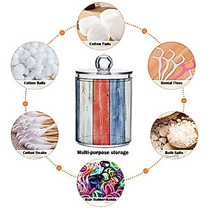 Qtip Holder Dispenser Patriotic Wooden Boards Plastic Apothecary Jar Containers for Vanity Makeup Organizer Storage Bathroom Organizer