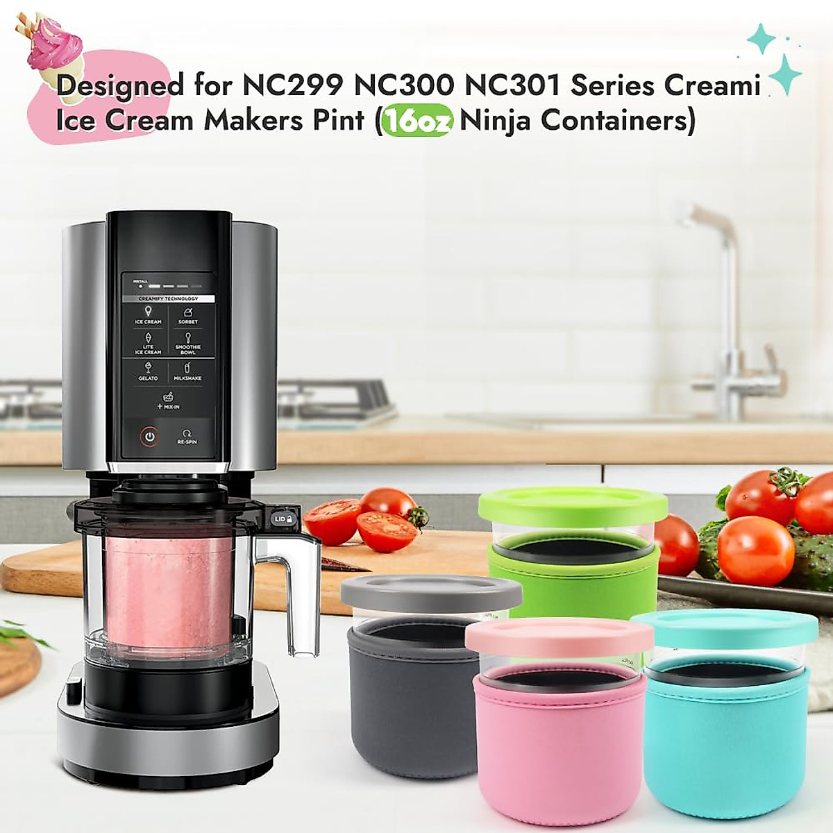 GINOYA Ice Cream Sleeve for Ninja NC301 Pints, 4pcs Reusable Insulated Neoprene Sleeves Accessories Compatible with NC300 NC299AMZ Series Ice Cream Maker Containers, 16Oz (Tups Not Included)