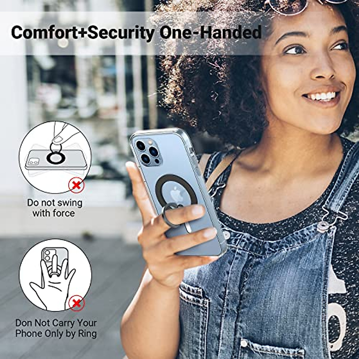 Doubin Magnetic Phone Ring Holder Compatible with Magsafe for iPhone 12 13 14 Pro/Max/Mini Adjustable Finger Ring Grip and Stand, Removable and Wireless Charging Compatible- Black