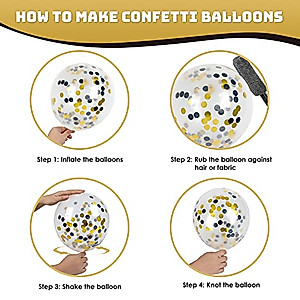 RUBFAC 65pcs 12 Inches Black Gold Confetti Balloons Kit, Metallic Gold and Black White Party Balloons with Ribbons for Birthday, Wedding, Baby Shower, Graduation Decorations