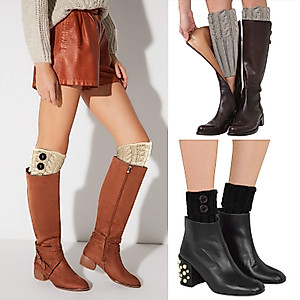 PHOGARY 3 Pairs Winter Warm Boot Cuffs for Women, Crochet Knitted Boot Socks for Girls Short Leg Warmers Boot Topper Socks Leg Cuffs Boot Warmers Gift (Black+Beige+Grey)