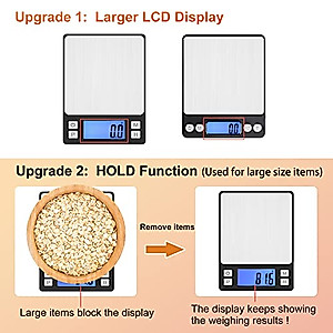 BOMATA Upgraded Small Food Scale with New Hold Function and Larger Display, 3000g/0.1g High Accuracy Digital Scale Grams and oz for Kitchen, Small Item, Jewelry, (2 Trays & Batteries Included)