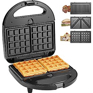 Sandwich Maker, 3 in 1 Waffle Maker, Grill, 750W, LED Indicator Lights, Cool Touch Handle, Anti-Skid Feet, Detachable Non-stick Coating, Easy to Clean,Black.