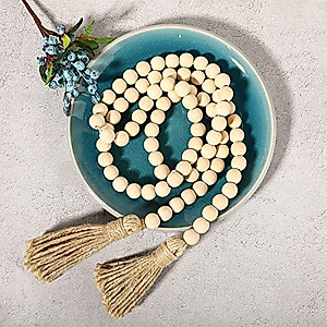 Wooden Beads Garland Farmhouse Decor: 58in Boho Rustic Wood Prayer Beaded with Tassel Natural Modern Large Decorative Home Neutral Bead