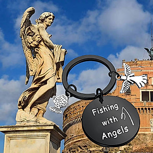 POTIY In Memory of Dad Keepsake Fishing with Angels Keychain Dad Grandfather Memorial Keychain RIP Gift Loss of Brother Gift (Black Keychain)