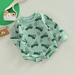 Lamuusaa Newborn Baby Girl Boy St. Patricks Day Outfit Green Clover Romper Sweatshirt Oversized Shirts Spring Clothes (Green Car, 0-3 Months)