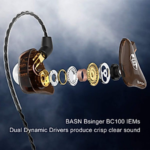 BASN in-Ear Monitor Headphones Dual Dynamic Drivers in Ear Earphones Detachable MMCX Cable Musicians in-Ear Earbuds Headphones (BC100 Brown, with no Mic)