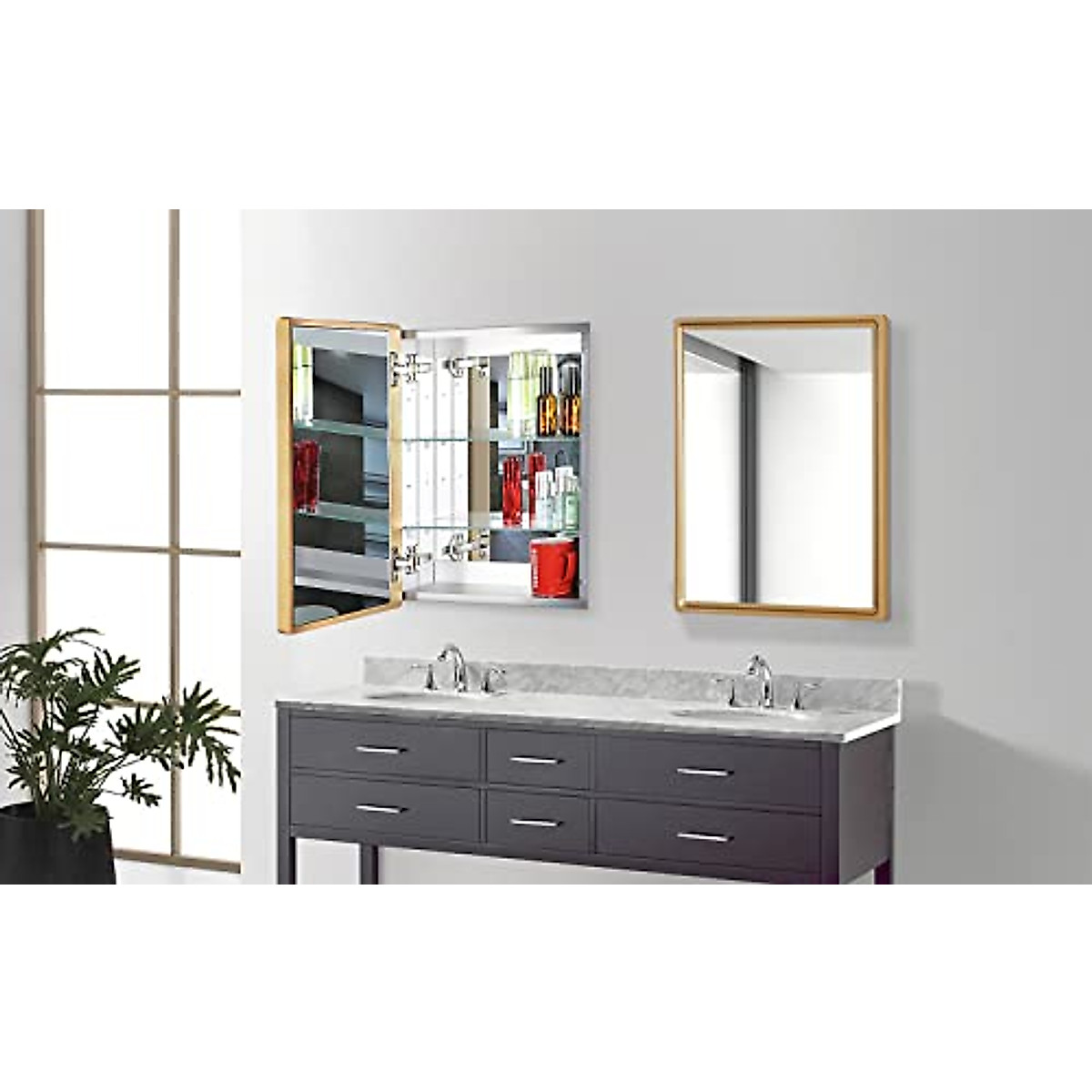 FOMAYKO Aluminum Bathroom Medicine Cabinet with Farmhouse Gold Framed 20(H) x16(W) Inches Recess or Surface Mount Mirror Cabinet for Bathroom Toilet Kitchen