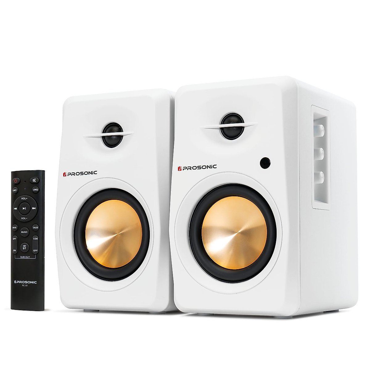 Prosonic BT30 Active Powered Bluetooth Bookshelf Speakers, Studio Monitor, Home Theater, Turntable, with Optical Input, Coaxial Input, 2X RCA Aux Line Input, 80 Watts, (White)