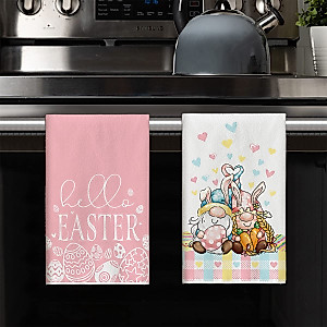 Artoid Mode Gnome Bunny Rabbit Eggs Pink Hello Easter Kitchen Towels Dish Towels, 18x26 Inch Seasonal Spring Decoration Hand Towels Set of 2