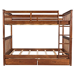 Harper & Bright Designs Full Over Full Bunk Bed with Storage Drawers, Solid Pine Wood Frame and Ladder with Guard Rails for Kids, Teens, Boys and Girls, No Box Spring Needed, Bunk Bed Walnut