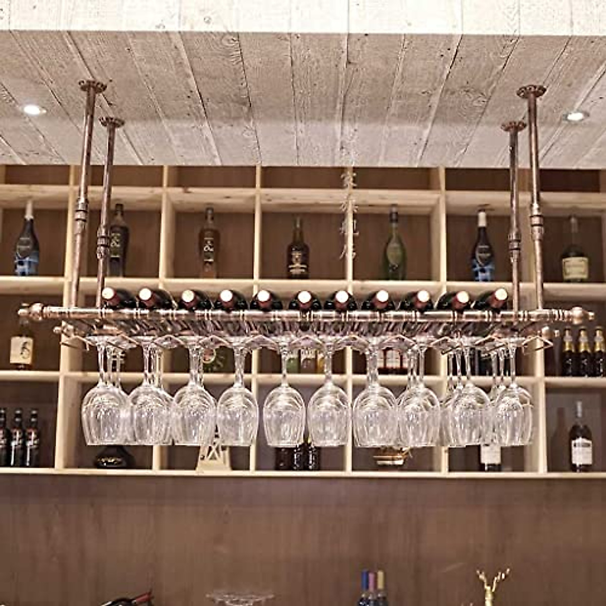 Wine Glass Holder Creative Hanging Wine Glass Holder Upside Down Wine Glass Holde Hanging Wine Glass Holde -47.3", Can Hang 30 Glasses and 11 Red Wine Bottles