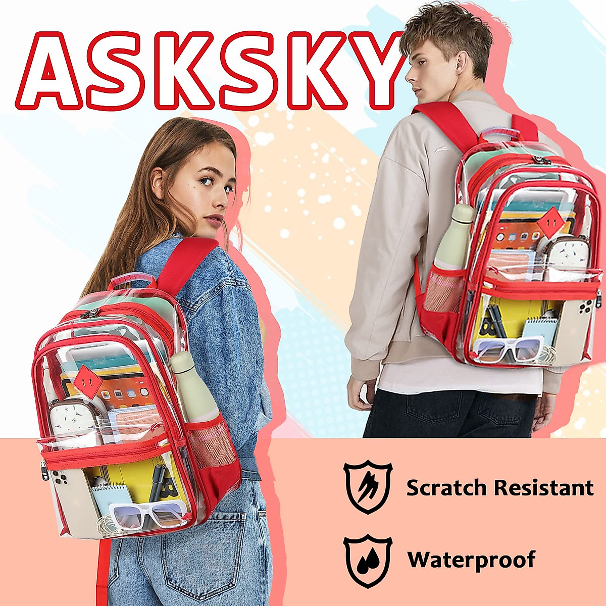 ASKSKY Clear Backpack for School, Thriple Compartments Heavy Duty Clear Bookbag PVC Transparent Backpack See Through Backpack for Boys Girls Women Men for Stadium Events College Work,Red