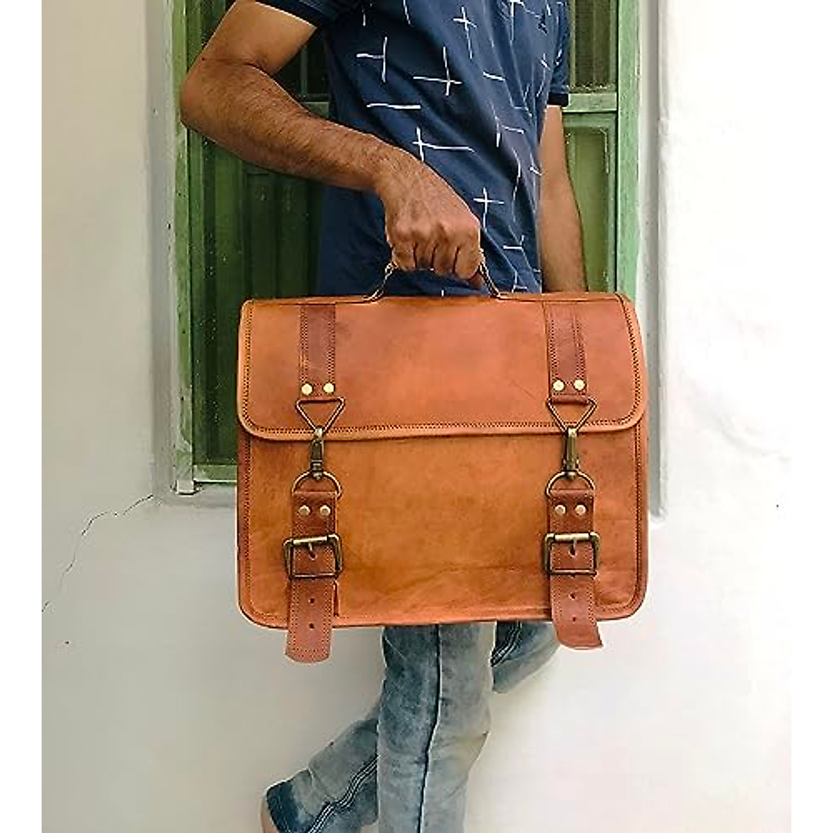 Mens Messenger Bag 15 Inch Vintage Rustproof Genuine Leather Briefcase Large Leather Laptop Computer Bag Rugged Satchel Shoulder Bag, Brown