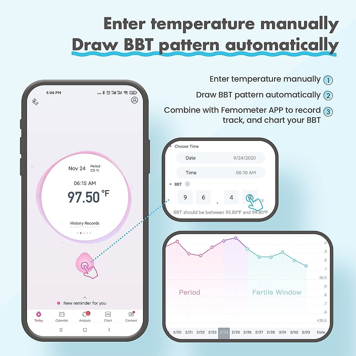 Femometer Basal Body Thermometer, Basal Thermometer for Ovulation, BBT for Fertility Tracking, Soft Backlight and Memory Recall, FM-VC-301(White)
