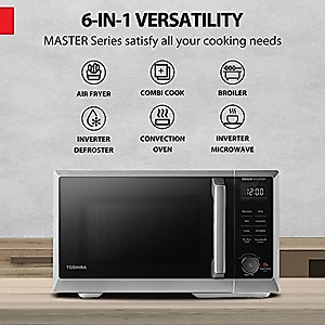 TOSHIBA 6-in-1 Inverter Microwave Oven Air Fryer Combo, MASTER Series Countertop Microwave, Healthy Air Fryer, Broil, Convection, Speedy Combi, Even Defrost, Sound On/Off 27 Auto Menu Stainless Steel