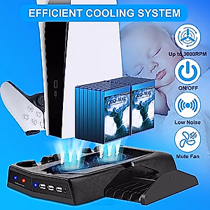 PS5 Charging Station with Cooling Fan, DualSense Controller Vertical Stand Dock for PS5 Console and Digital Edition, 3 USB Ports Retractable 14 Game Slots Storage Bracket for PlayStation 5 Accessories