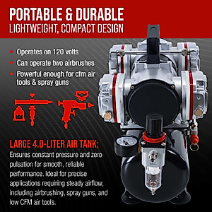 Master Airbrush TC-848 Air Compressor - 1/3 HP, 4-Cylinder, 4L Air Tank, 78L/Min Flow, Multi-Airbrush & Spray Gun Support, Diaphragm Regulator, Portable Handle - Ideal for Artists & All Skill Levels!