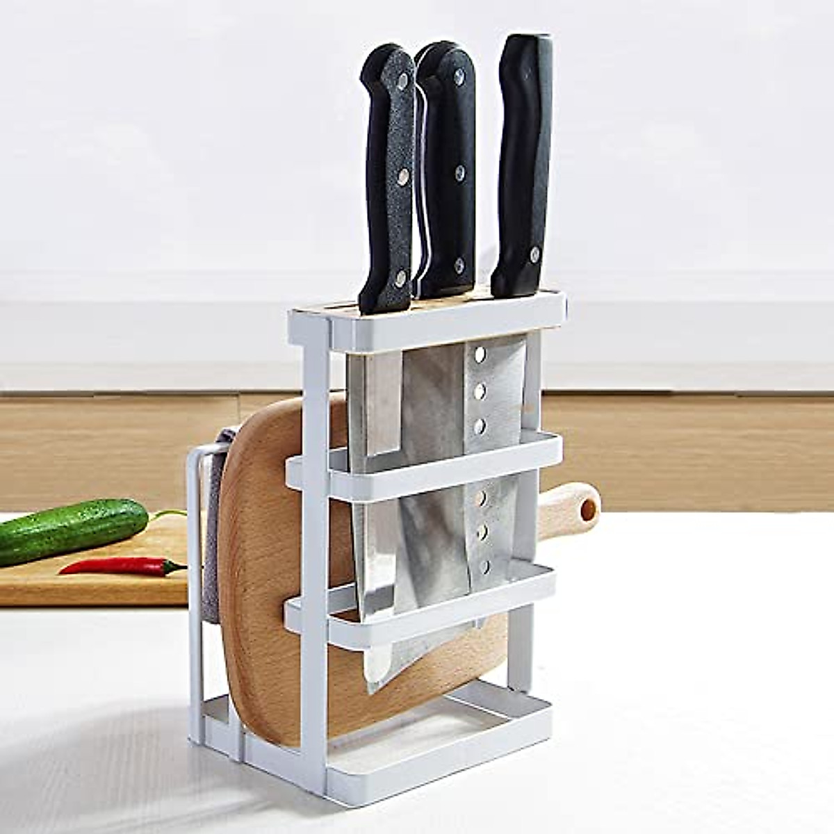 GeLive Metal Knife Block Cutting Board Chopper Holder Drying Rack Kitchen Storage Organizer Counter Display Stand (White)
