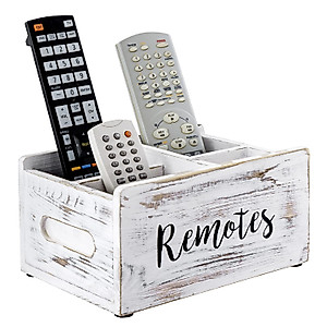 MyGift Whitewashed Wood Remote Control Holder Organizer with 4 Compartments, Media Storage Caddy with Cursive REMOTES Design