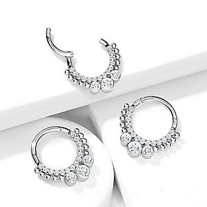 Pierced Owl 16G Implant Grade Titanium Beaded CZ Crystal Paved Front and Triple Gem Cartilage Helix Daith Septum Hinged Segment Ring