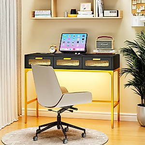 Gurexl 3 in 1 Vanity Desk with 3 Drawers, Modern Makeup Vanity Dressing Table with 3 Color Lighting Modes, Home Office Laptop Writing Desk with Gold Metal Frame (Black)