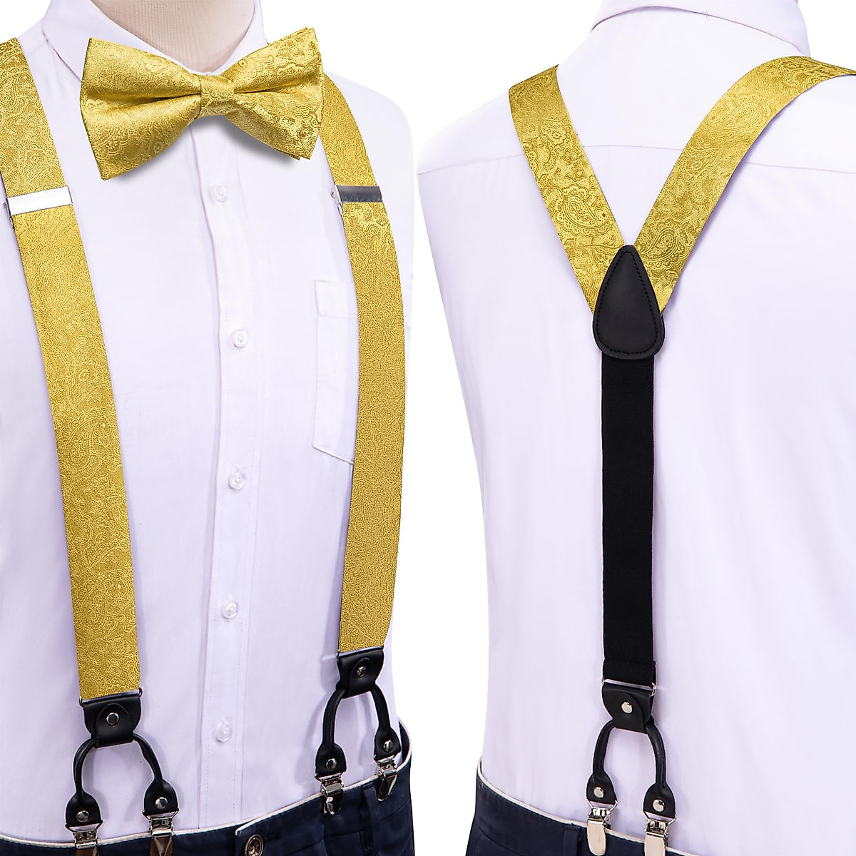 Dubulle Gold Suspender Paisley bowtie Set Silk Brace Adjust Elastic Suspender Set