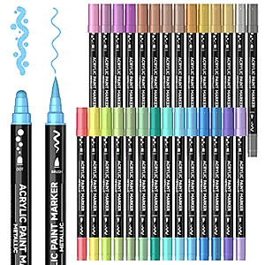 28 Metallic Colors Dual Tip Acrylic Paint Markers, Brush Tip and Dot Tip Acrylic Paint Pens for Rock Painting, Ceramic, Wood, Canvas, Plastic, Glass, Stone, Calligraphy, Card Making, DIY Crafts