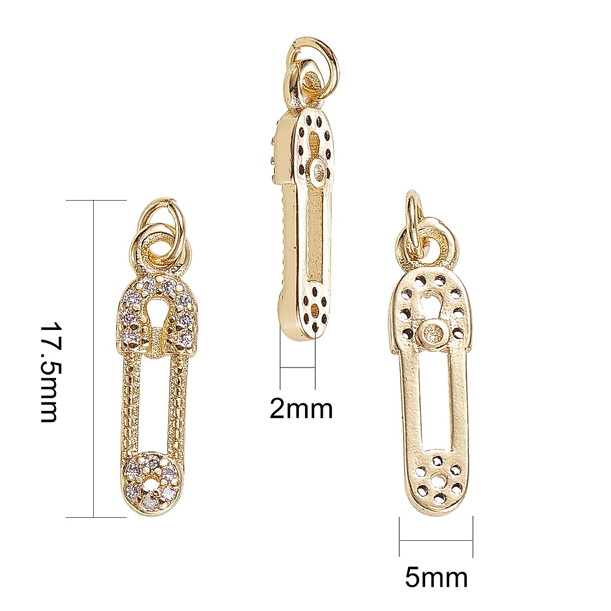 LiQunSweet 10 Pcs 17.5x5mm Safety Pin Shape Golden Brass Pendants with Clear Cubic Zirconia for Women Necklace Bracelet Earring Making