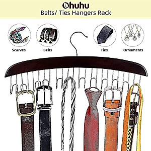 Ohuhu Tie Rack, Wooden Tie Organizer, 24 Tie Hanger Hook Storage Rack, Closet Accessory Organizer+Belt Rack, Ohuhu Durable Wooden Belt Organizer, 360 Degree Swivel Tie Rack Holder for Closet