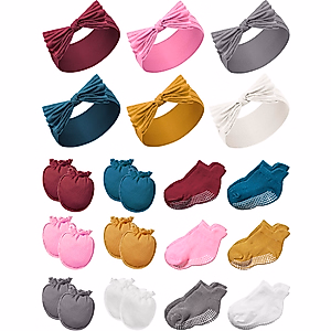 Geyoga 18 Pieces Baby Headband Newborn Socks and Mittens Sets Elastic Baby Essentials Boys Girls 0-6 Months (Wine Red, Pink, Yellow, Balsklish Green, White, Black)