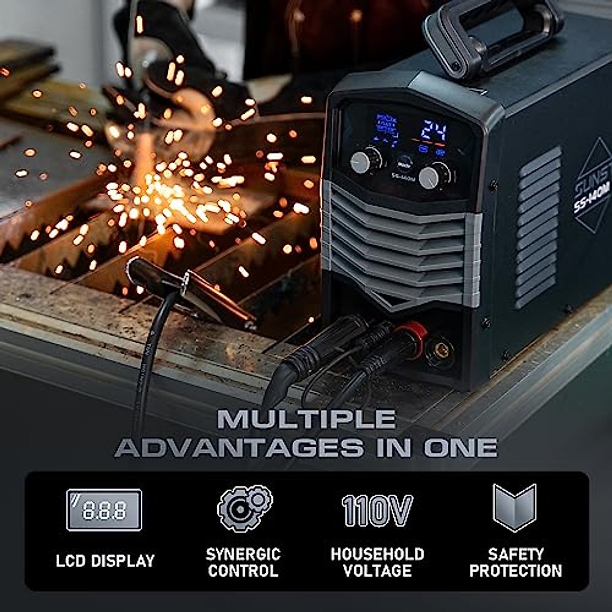 Sunstac 140Amp MIG Welder, 110V Flux Core MIG Welder/Lift TIG/Stick 3 in 1 Welding Machine with Synergic Control and IGBT Inverter, Portable Gasless MIG Welder with Intelligent LCD Display