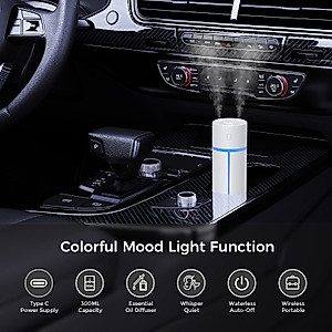 HUMIDIER Portable Car Humidifiers, Cool Mist Small Humidifiers, USB 7 Color Night Lights Waterless Auto Shut-Off Quiet Humidifier for Personal Travel Car Office Room,300ml (White)