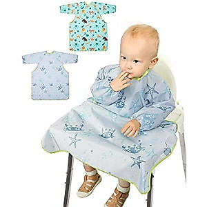 Lictin Coverall Baby Feeding Bibs - 2-Pack Long Sleeve Baby Bibs for Eating, Adjustable Weaning Bibs, Waterproof Bib Attaches and Fully Cover to Baby Highchair and Table
