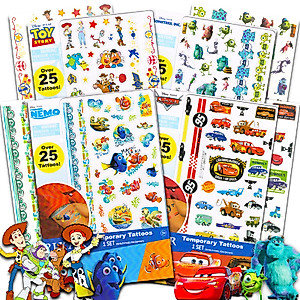 Pixar Disney Party Supplies For Kids - 100 Temporary Tattoos Party Favors. Featuring Tsum Tsum, Finding Nemo, Disney Cars, and Toy Story!