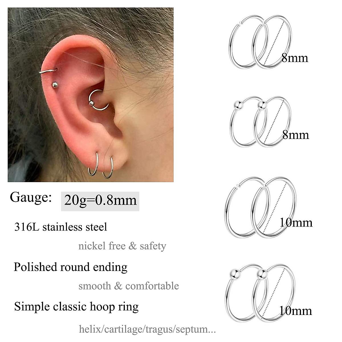 PLOMFOV 13Pairs 20G Cartilage Earrings for Women Men CZ Feather Barbell Earrings Stainless Steel Cartilage Hoop Earring 16G Tragus Conch Helix Piercing Jewelry Silver Tone